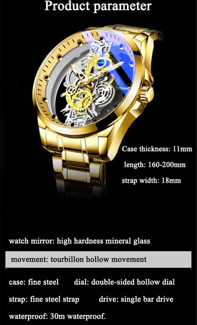 New Men Watch Skeleton Automatic Quartz Watch Gold Skeleton Vintage Men ...