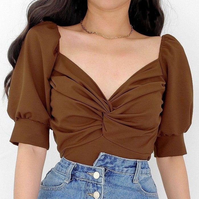 Original BSCO Korean Brown Rose Ann Puff Crop Top, Women's Fashion ...