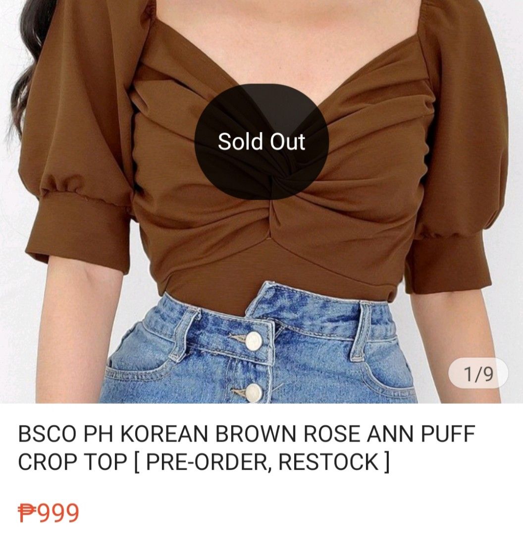 Original BSCO Korean Brown Rose Ann Puff Crop Top, Women's Fashion ...