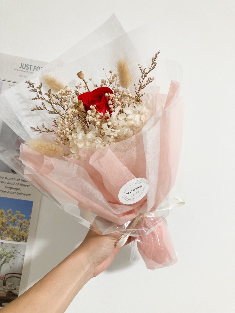 Pink Wrapper and Preserved Rose Flower Bouquet, Hobbies & Toys ...