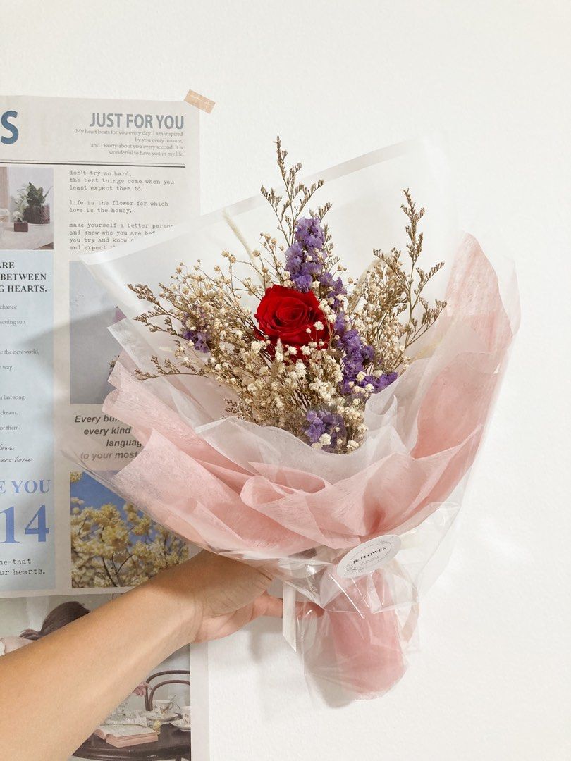 Pink Wrapper and Preserved Rose Flower Bouquet, Hobbies & Toys ...