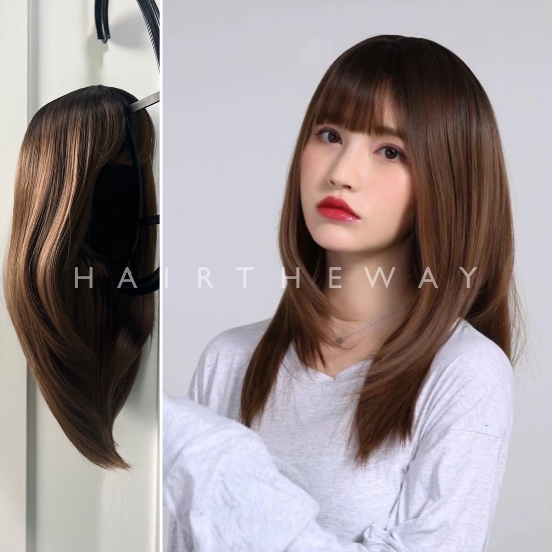 SONYA | Medium Brown Layered Long Bob Straight Realistic Hair Wig with Natural Bangs Fringe ...