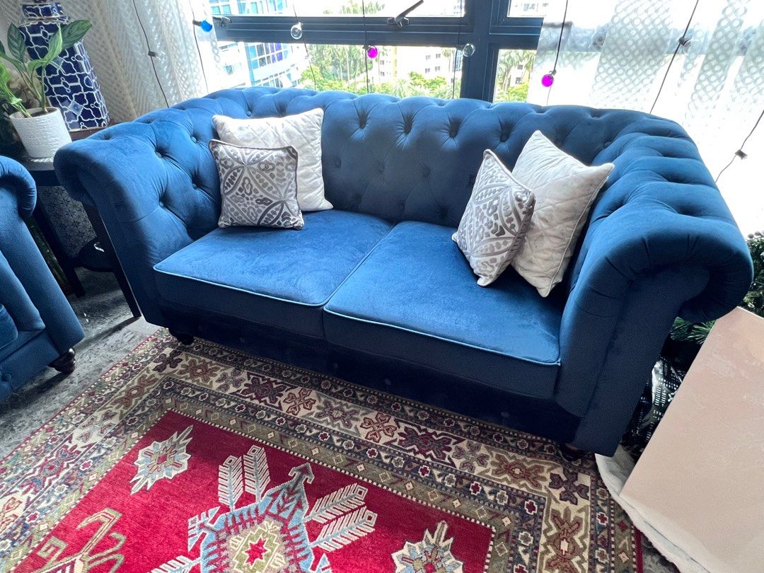 Blue Chesterfield Sofa (3+2), Furniture & Home Living, Furniture, Sofas ...
