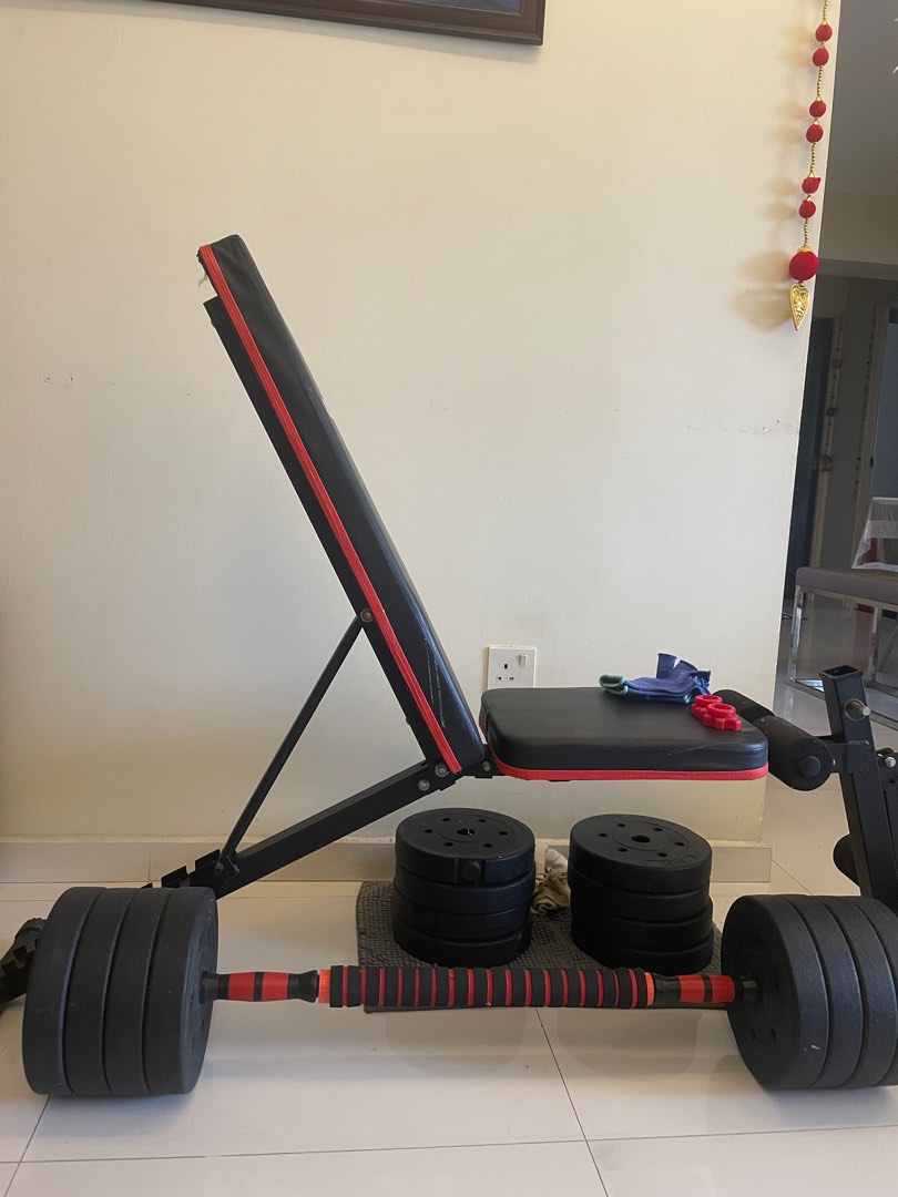 Full Set Weights (48kg) and Portable Bench, Sports Equipment, Exercise ...