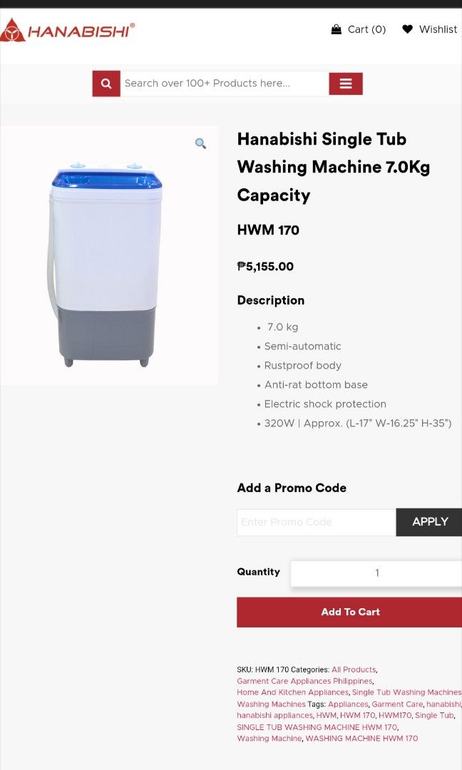 HANABISHI Washing Machine Single Tub 7 KG, TV & Home Appliances ...