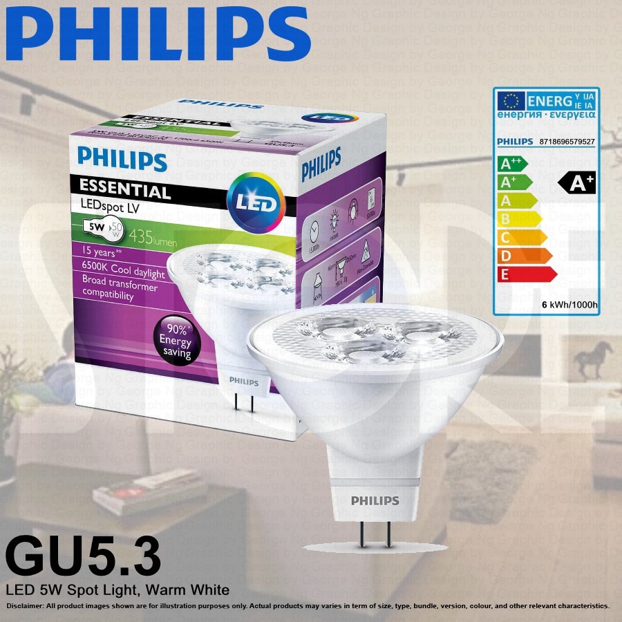 Philips LED Essential MR16 GU5.3 LED 5W-50W Spot Light Warm White (2700K)/Cool Daylight(6500K ...