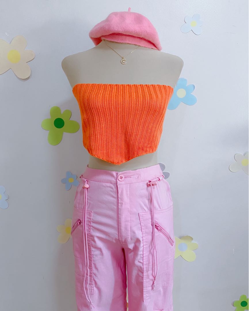 Ribbed Tube Top and Cargo Parachute Style Pants, Women's Fashion, Tops ...