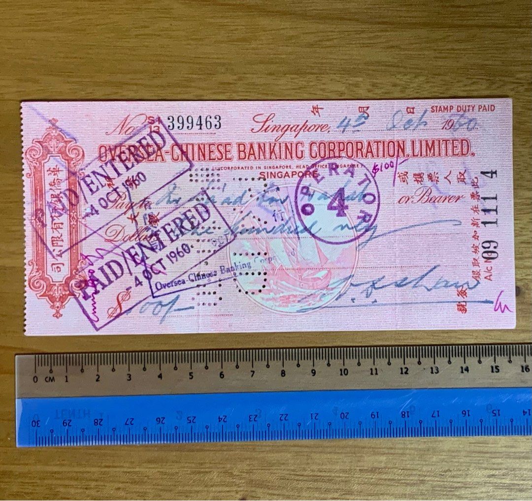 Singapore OCBC bank 1960 cheque document with Special Registration ...