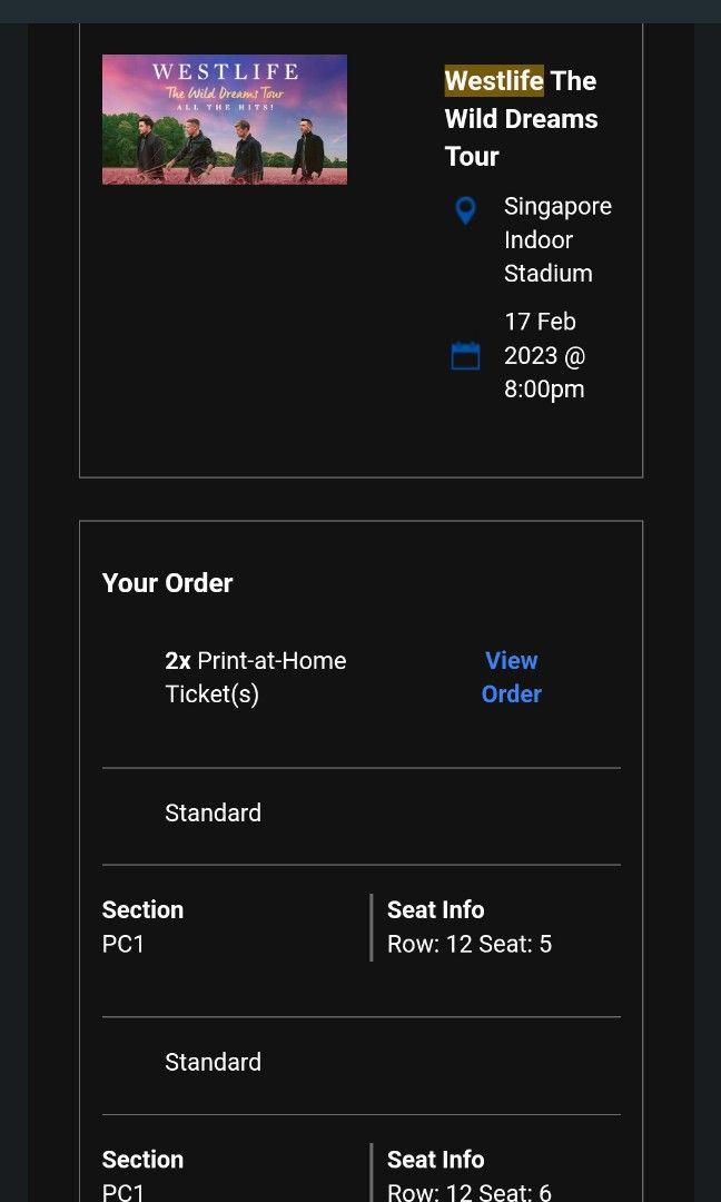 2 x Westlife The Wild Dreams Tour SG Tickets 17 Feb 2023, Tickets ...