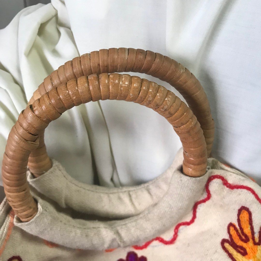Embroidered Canvas Stitched Rattan Handle Circle Small Bag, Women's ...