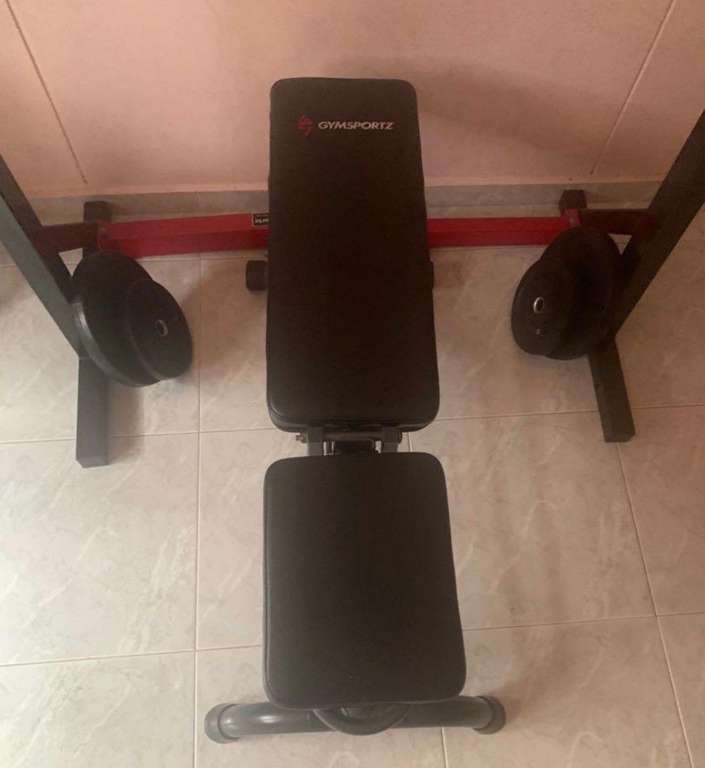 Gym Bench, Long Bar, Gym rack and Plates, Sports Equipment, Exercise ...