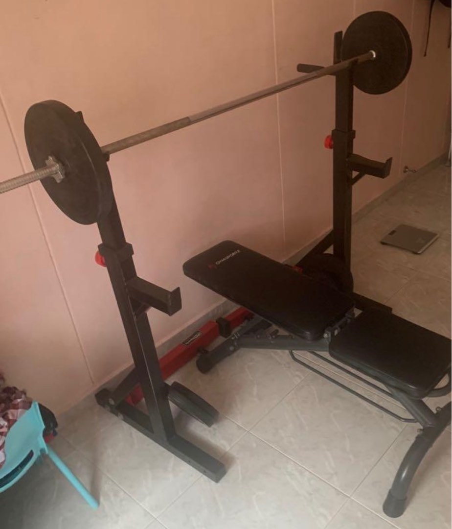 Gym Bench, Long Bar, Gym rack and Plates, Sports Equipment, Exercise ...