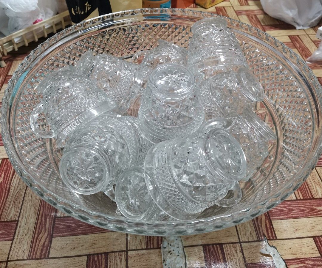 Huge glass bowl with 12 glasses set, Furniture & Home Living ...