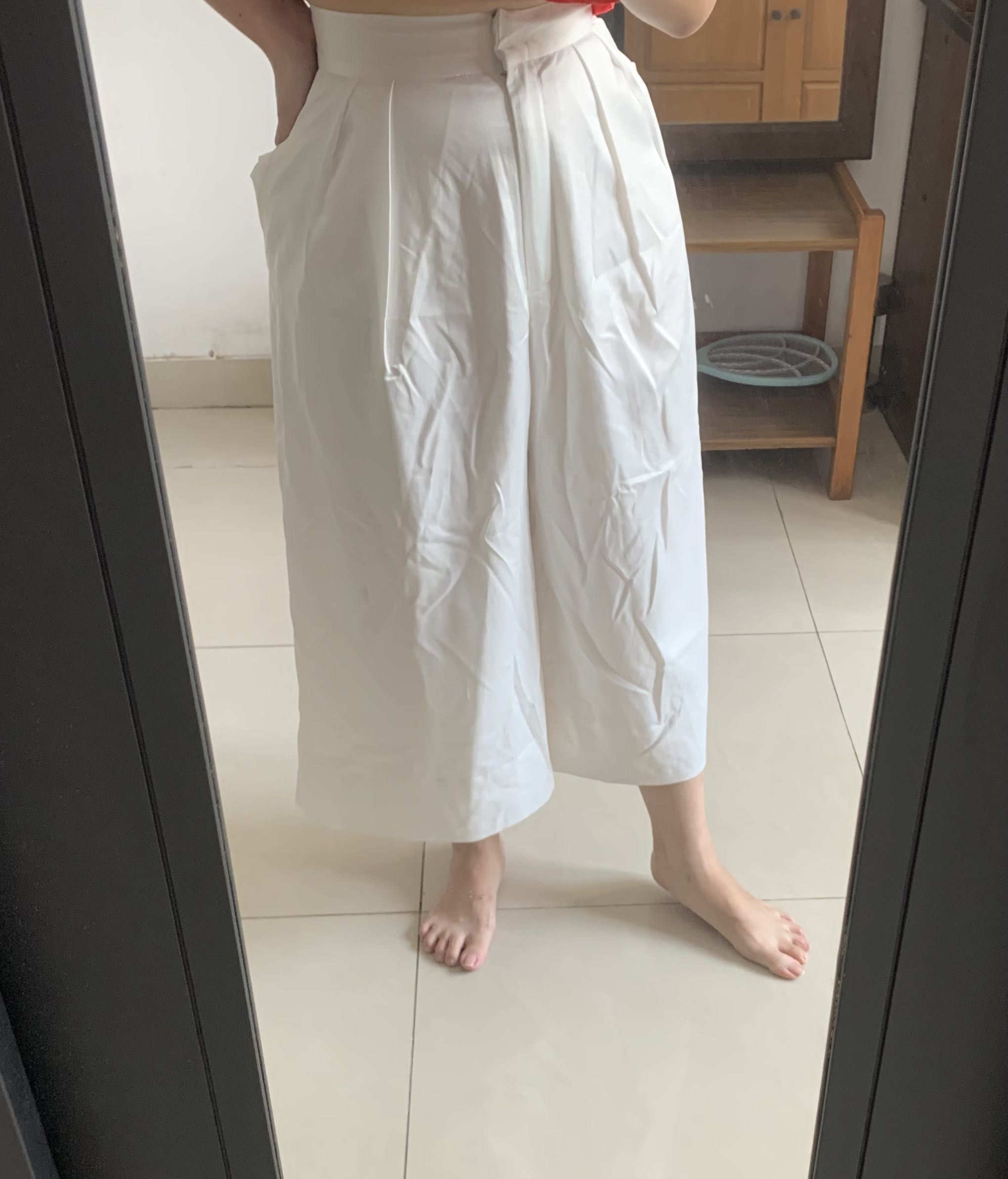 LOVE BONITO white wide leg pants cullotes silk highwaist HW celana ...