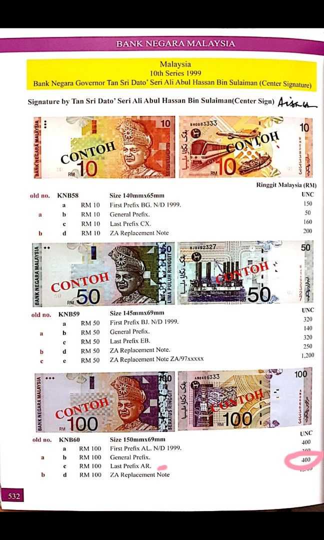 Malaysia 10th series Ali Center RM100 Original UNC last prefix AR ...