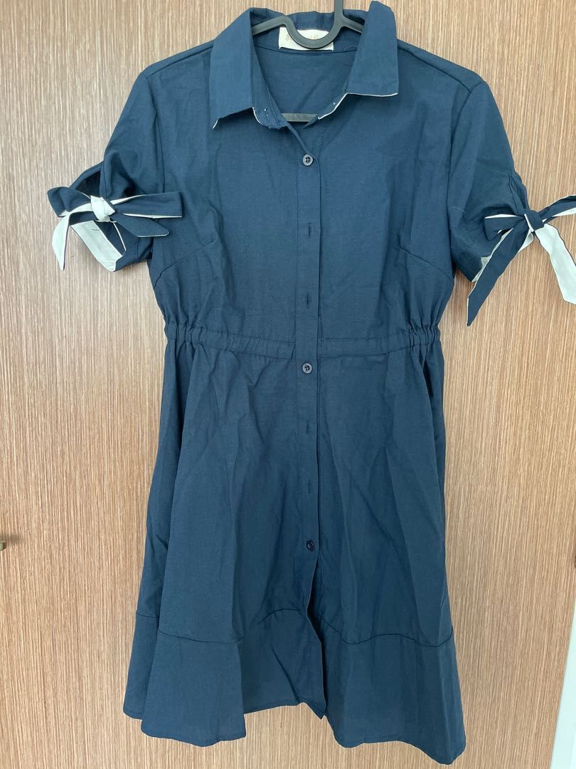 Navy Blue Cute Dress /office dress/sleeve with ribbon, Women's Fashion ...