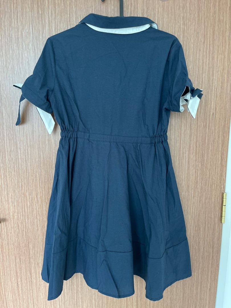 Navy Blue Cute Dress /office dress/sleeve with ribbon, Women's Fashion ...
