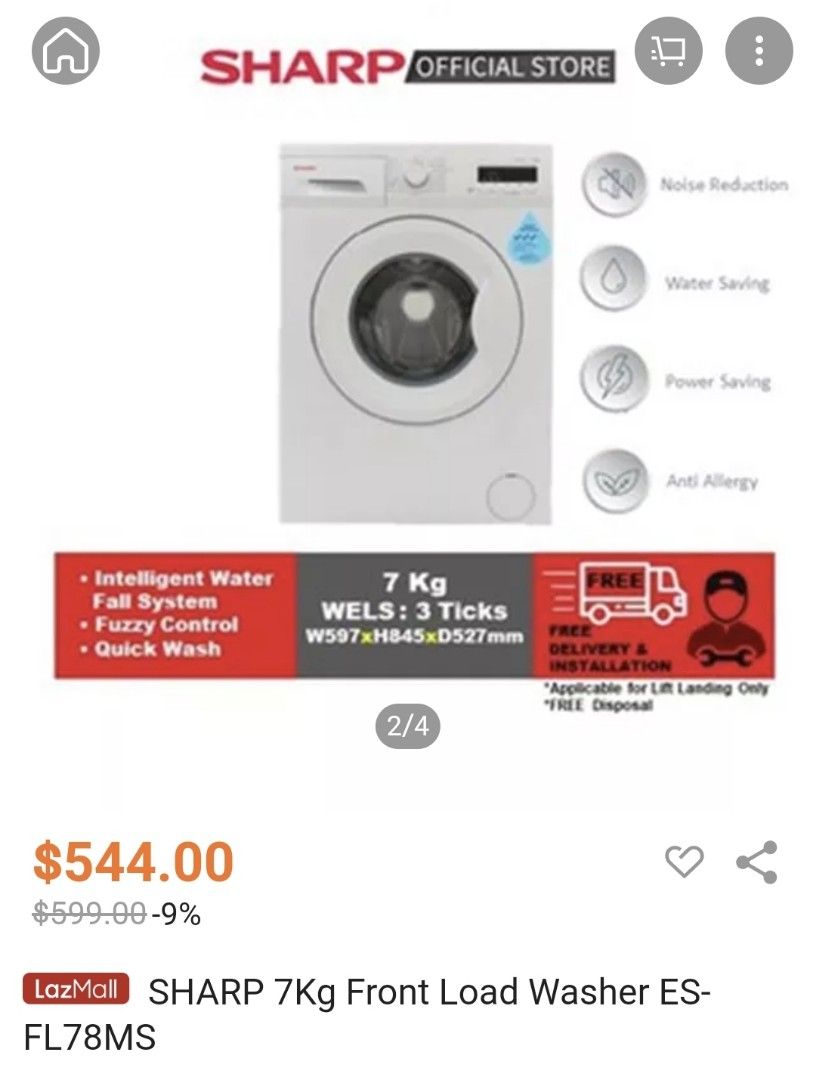 SHARP 7Kg Front Load Washer ES-FL78MS Washing machine, TV & Home ...