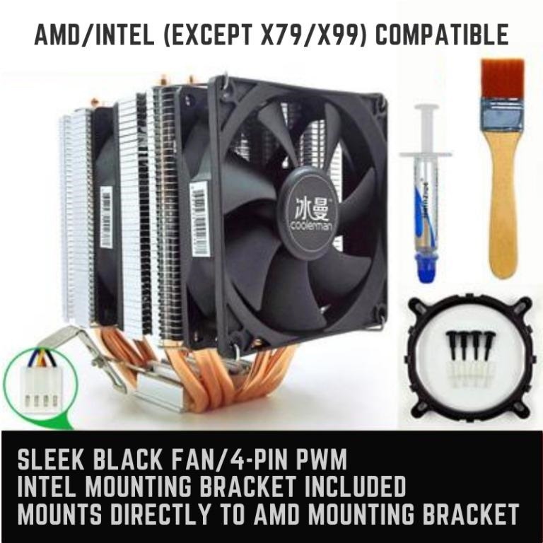 SNOWMAN 6 Heat Pipe Dual Fan CPU Cooler PWM 4-Pin - Black, Computers ...
