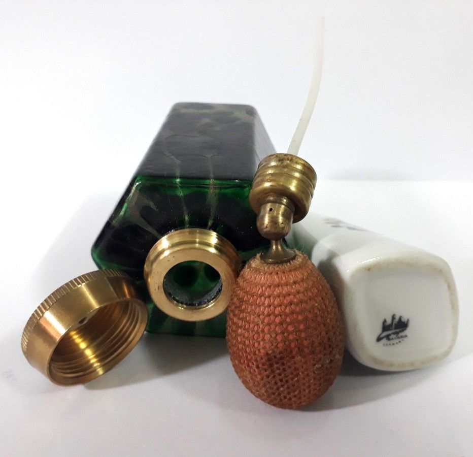 Vintage Octagon Brass Lidded Glass & Bavaria Procelain Perfume Bottles ...