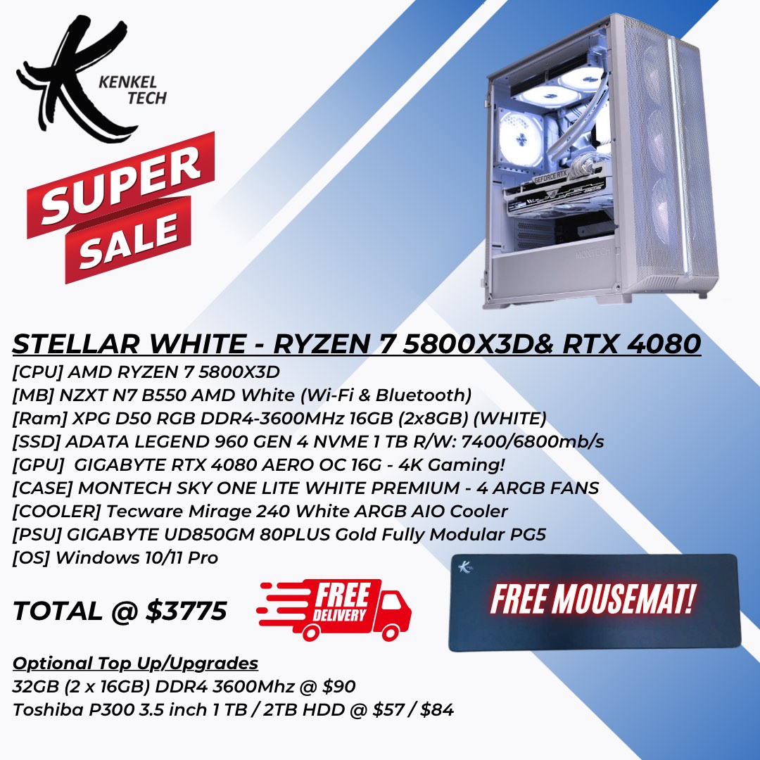 STELLAR FULL WHITE (AMD) Ryzen 5800X3D & RTX 4080 Custom Gaming PC ...