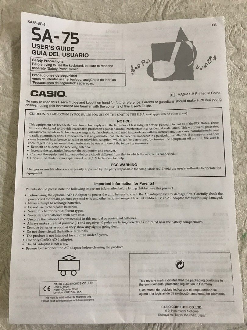 Casio SA-75 Electronics Keyboard piano, Hobbies & Toys, Music & Media ...