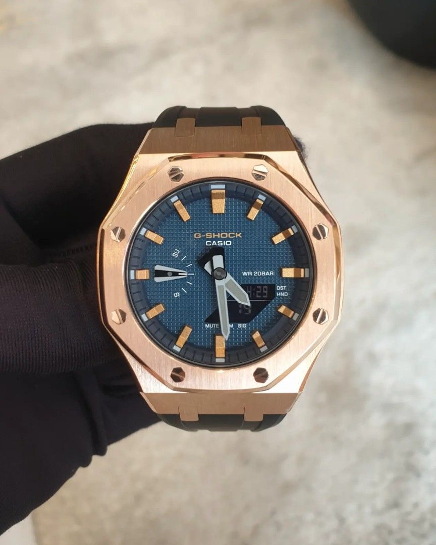 Casioak GA-2100 Blue Checker Face with Rose gold index In Rose Gold ...