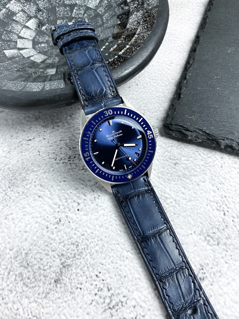 Handmade Indigo Clay Alligator Leather Watch Strap for Blancpain Fifty ...