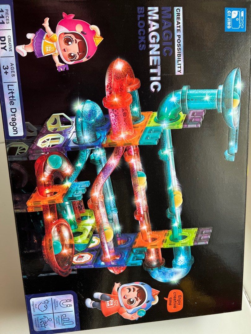 Magic magnetic tiles blocks toy marble run with lights construction set kids, Hobbies & Toys ...