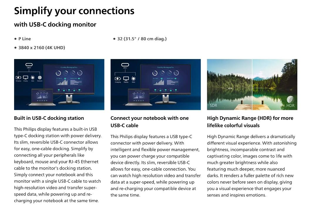 Philips PHI-328P6VUBREB Brilliance USB-C Dock 4K UHD LCD Monitor, 31.5 ...