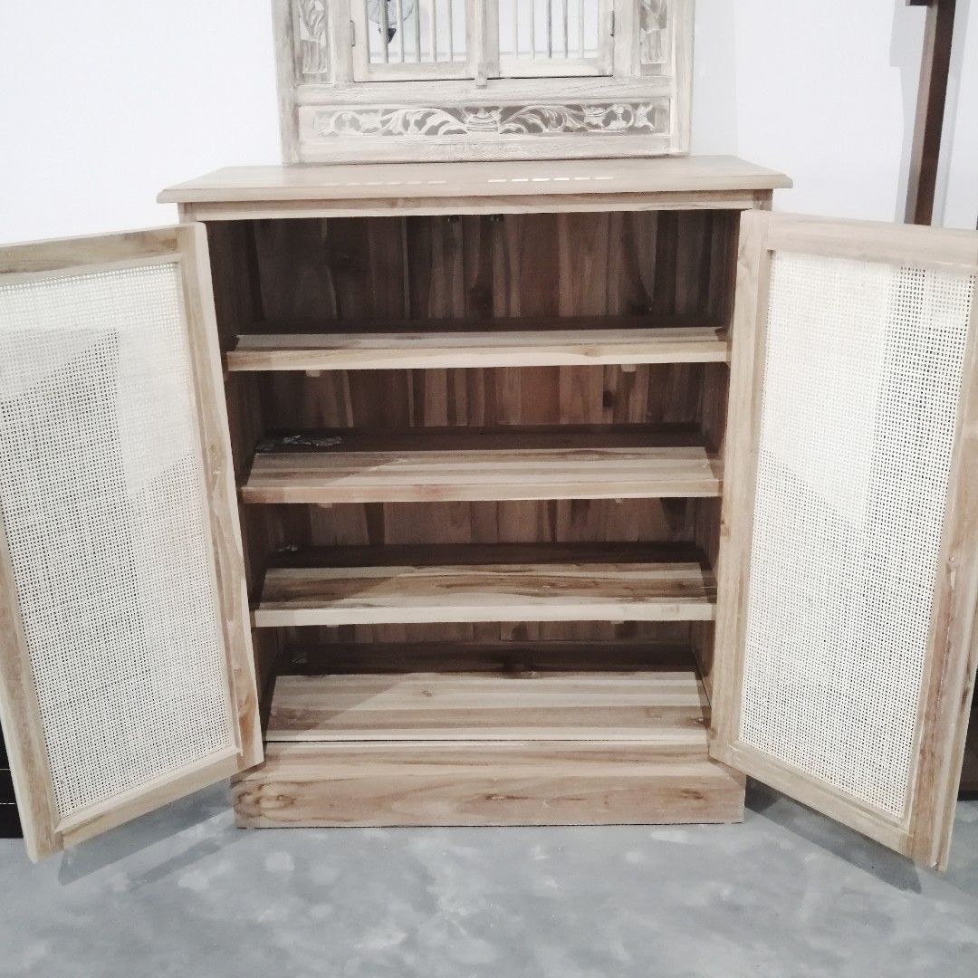 SOLID TEAK WOODEN RATTAN SHOE CABINET SHOE RACK STORAGE, Furniture ...