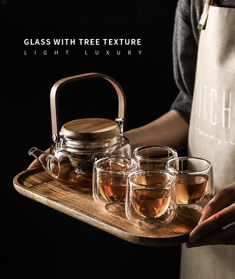 BNIB - modern Lux double wall tea set with wooden tray, Furniture ...