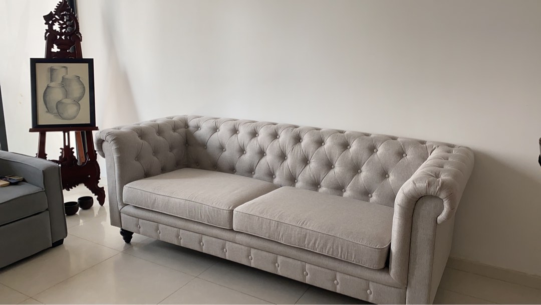 Chesterfield Grey Fabric Sofa, Furniture & Home Living, Furniture ...