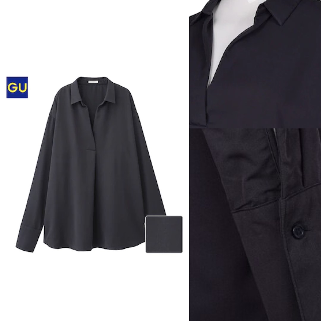 GU X Uniqlo Classy Navy Blue Collared Longsleeves, Women's Fashion, Tops, Longsleeves on Carousell