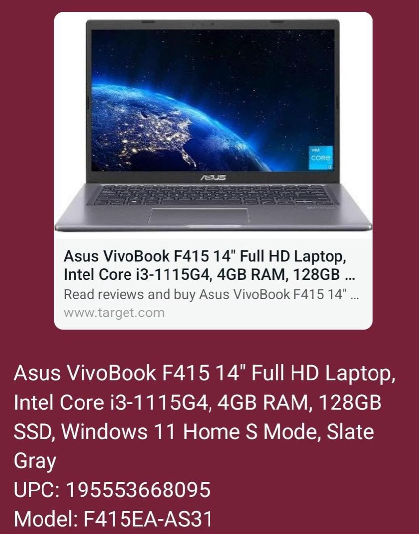 Asus VivoBook F415 14" Full HD Laptop, Intel Core i3-1115G4, 4GB RAM ...