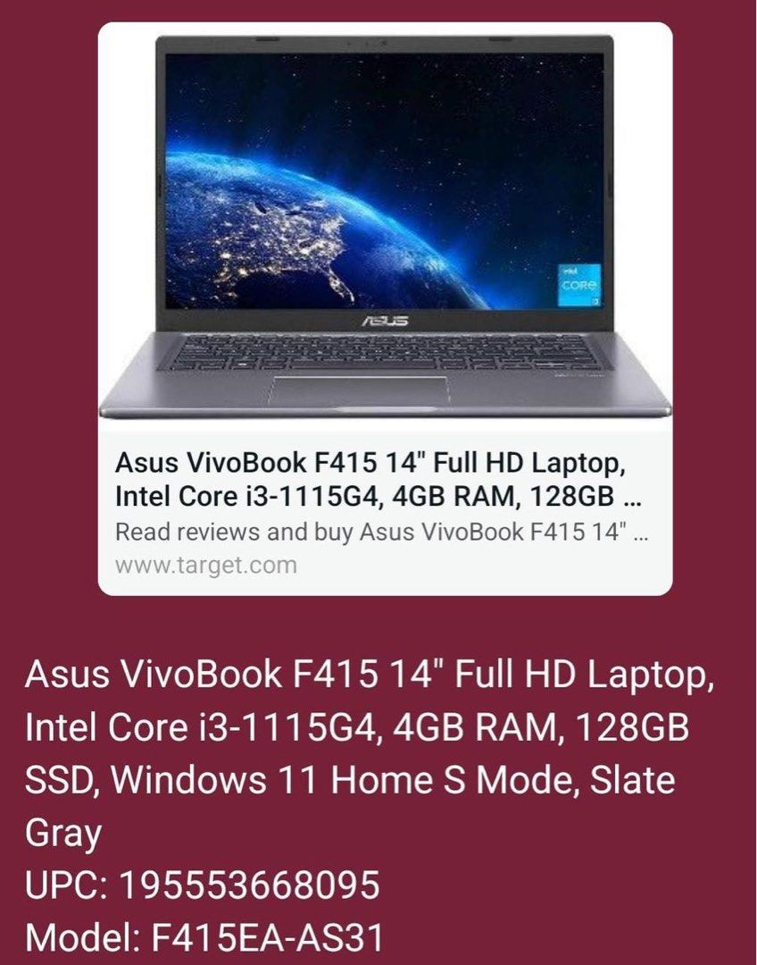 Asus VivoBook F415 14" Full HD Laptop, Intel Core i3-1115G4, 4GB RAM ...