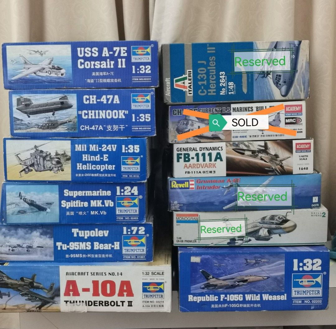 Big size model kits 1/32 A-7E , 1/35 CH-47A , 1/35 Mi-24V Hind, 1/24 Spitfire, 1/72 Tupoler TU ...