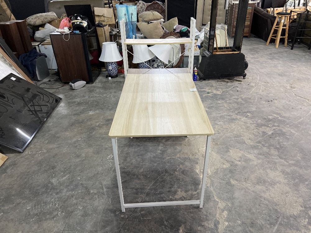 (F20048933) Light Brown Wooden Top Metal Frame Work Desk With Shelves ...