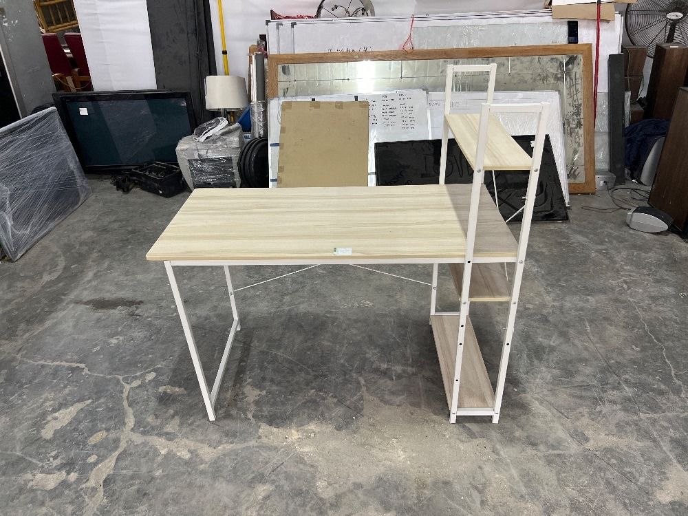 (F20048933) Light Brown Wooden Top Metal Frame Work Desk With Shelves ...