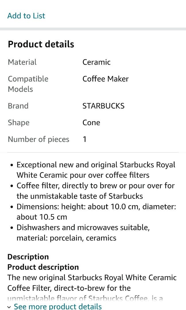 STARBUCKS COFFEE FILTER CUP, Furniture & Home Living, Kitchenware ...