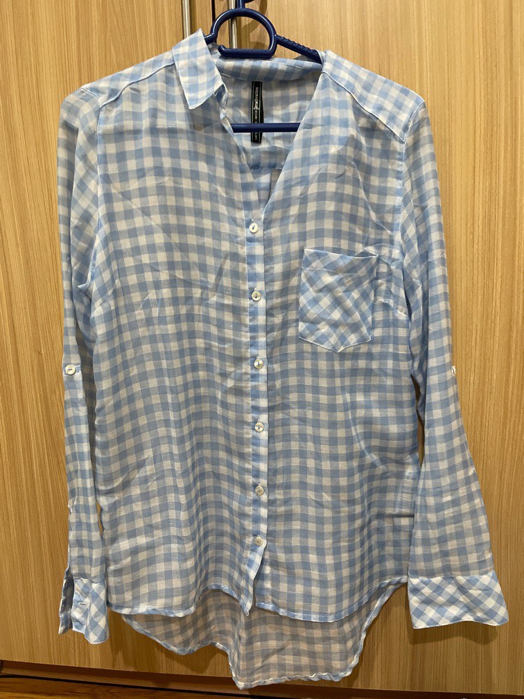 Stradivarius Blue Checkered Top, Women's Fashion, Tops, Longsleeves on ...