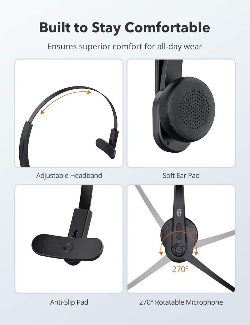 TaoTronics Wireless Mono Headset with Microphone, Mute Button, Noise ...