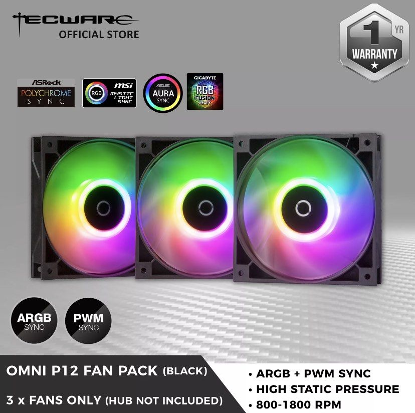Tecware Omni P12 Fan x3, 4-pin PWM 3-pin ARGB - Black (120mm, 25mm ...