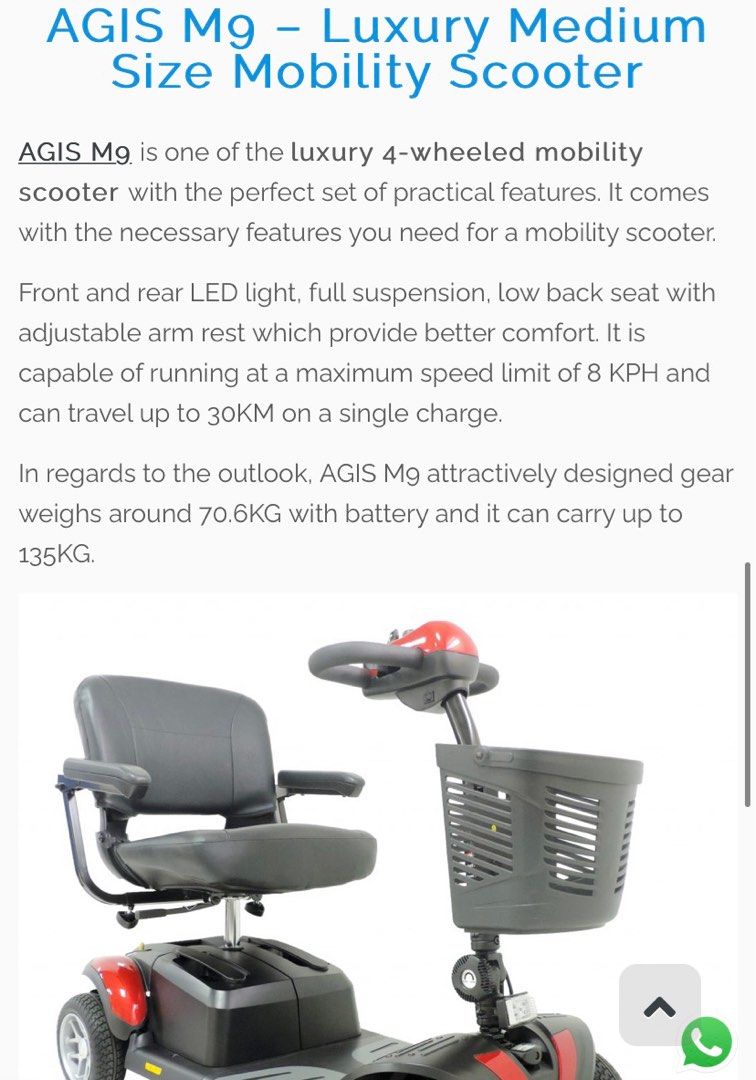 AGIS M9 Mobility Scooter PMA E-scooter, luxury 4 wheeled medium size scooter, Sports Equipment ...