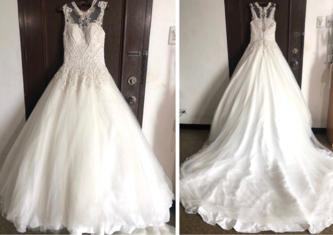 Custom wedding gown (M) + veil,cord,robe set, Women's Fashion, Dresses ...