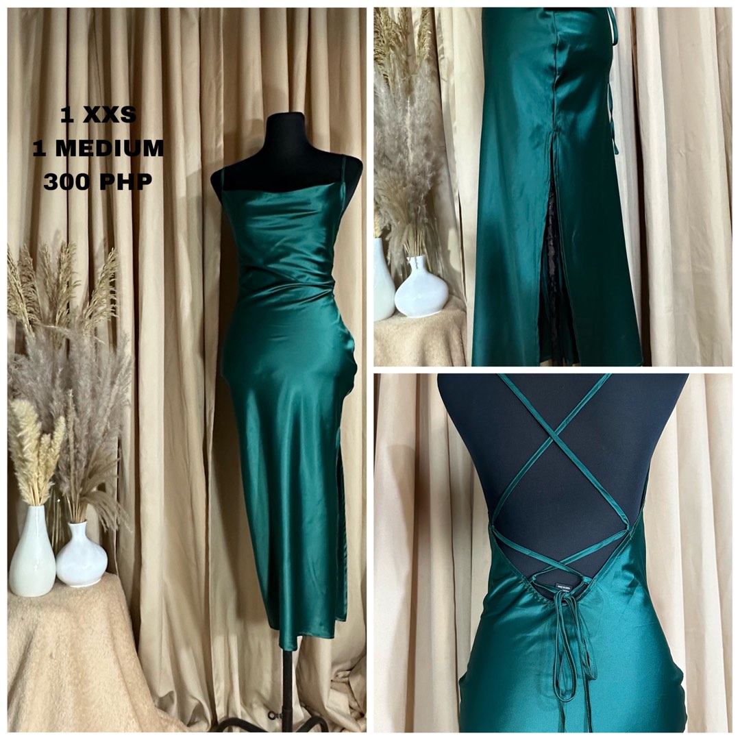 EMERALD GREEN SATIN DRESS, Women's Fashion, Dresses & Sets, Evening ...