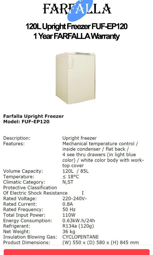 Farfella Upright Freezer EP120, TV & Home Appliances, Kitchen ...