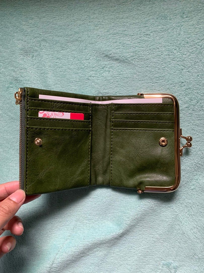 Green Bifold Small Wallet with Kiss Lock, Women's Fashion, Bags ...
