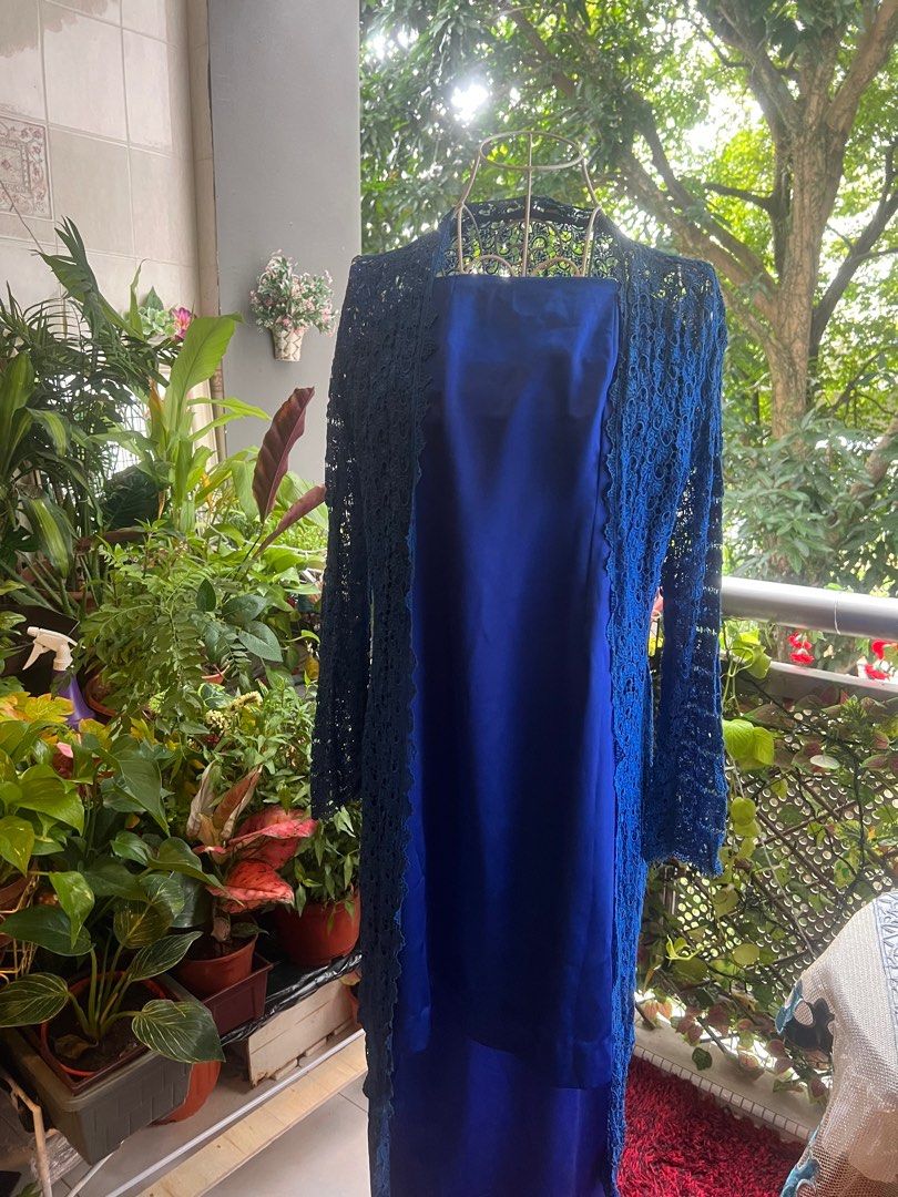 Kebaya - Blue crochet with satin inner and silk kain, Women's Fashion ...