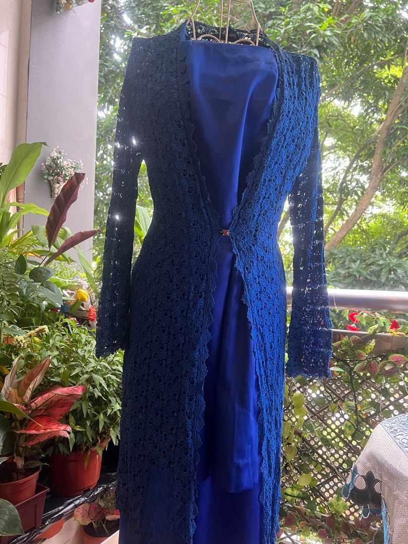 Kebaya - Blue crochet with satin inner and silk kain, Women's Fashion ...